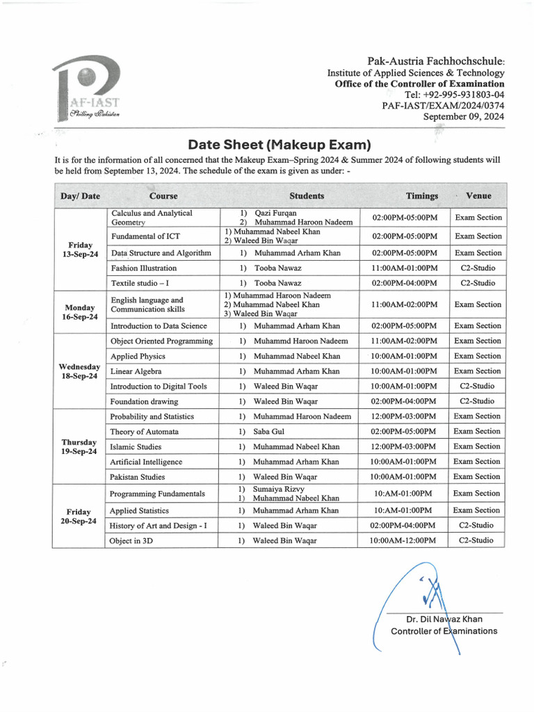 Date Sheet Makeup Exam | PDF