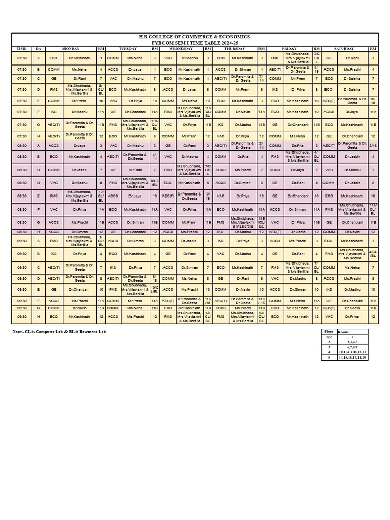FYBCOM TIMETABLE 2024-25 - Revising | PDF