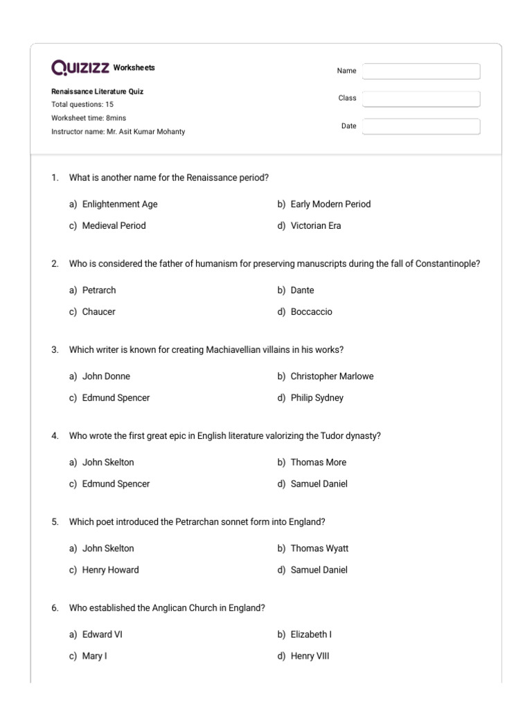 Renaissance Literature Quiz _ Quizizz | PDF
