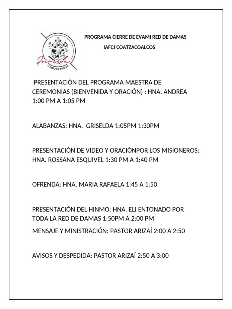 Programa Cierre de Evami Damas-2 | PDF