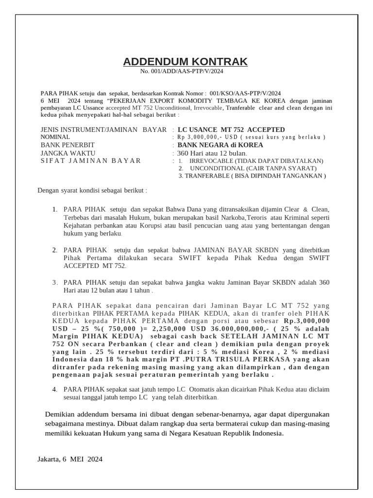 Addendum Kontrak: Acceepted MT 752 Unconditional, Irrevocable | PDF