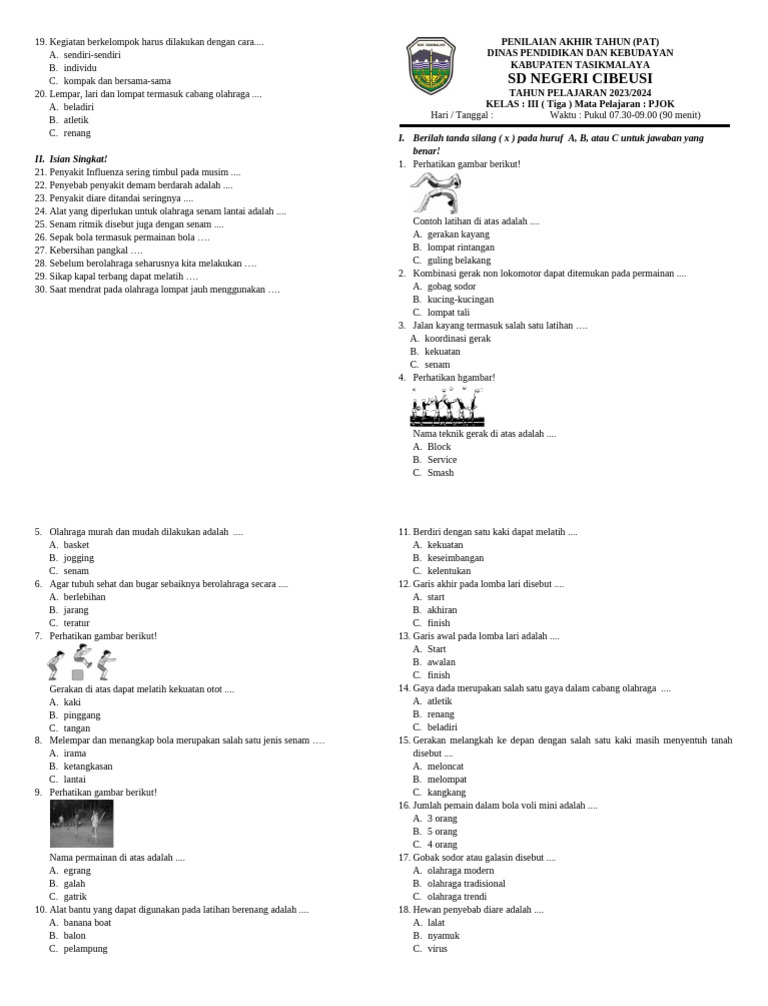 Soal PAT PJOK Kls 3 | PDF