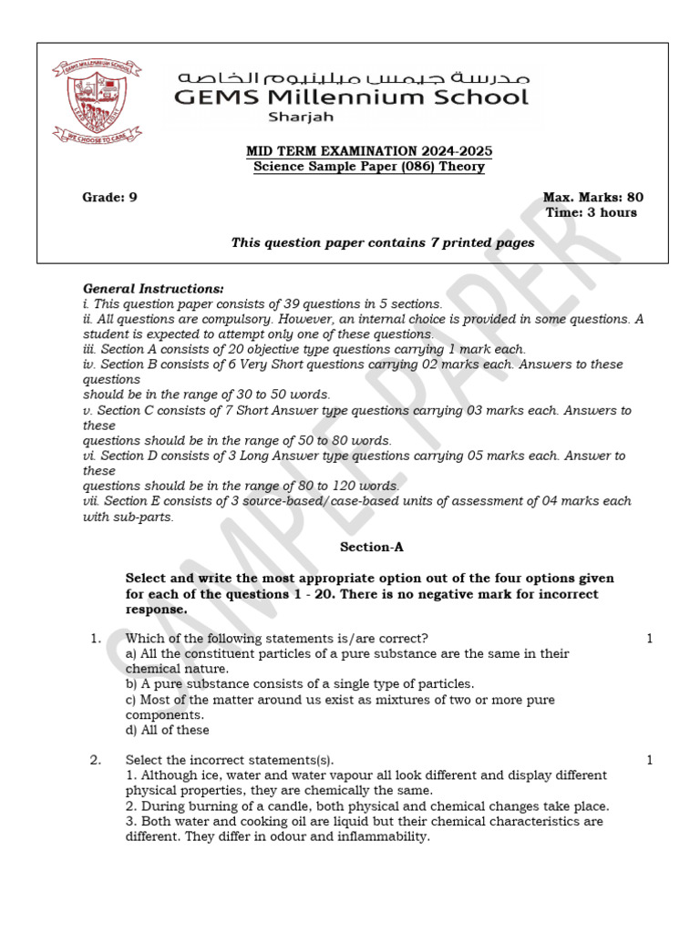 SCIENCE MID TERM Sample Paper | PDF