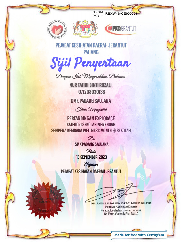 Certificate For NUR FATINI BINTI ROZALI For "Pertandingan Explorace ...