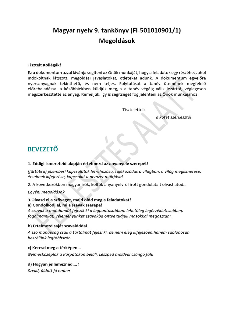 Megold FI 501010901 1 Magyar Nyelv 9 TK | PDF