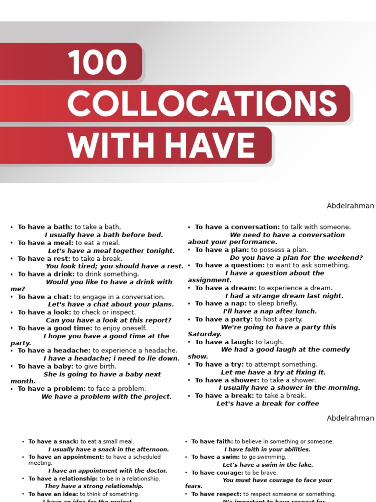 100 Collocations With Have - by AJ | PDF | Feeling