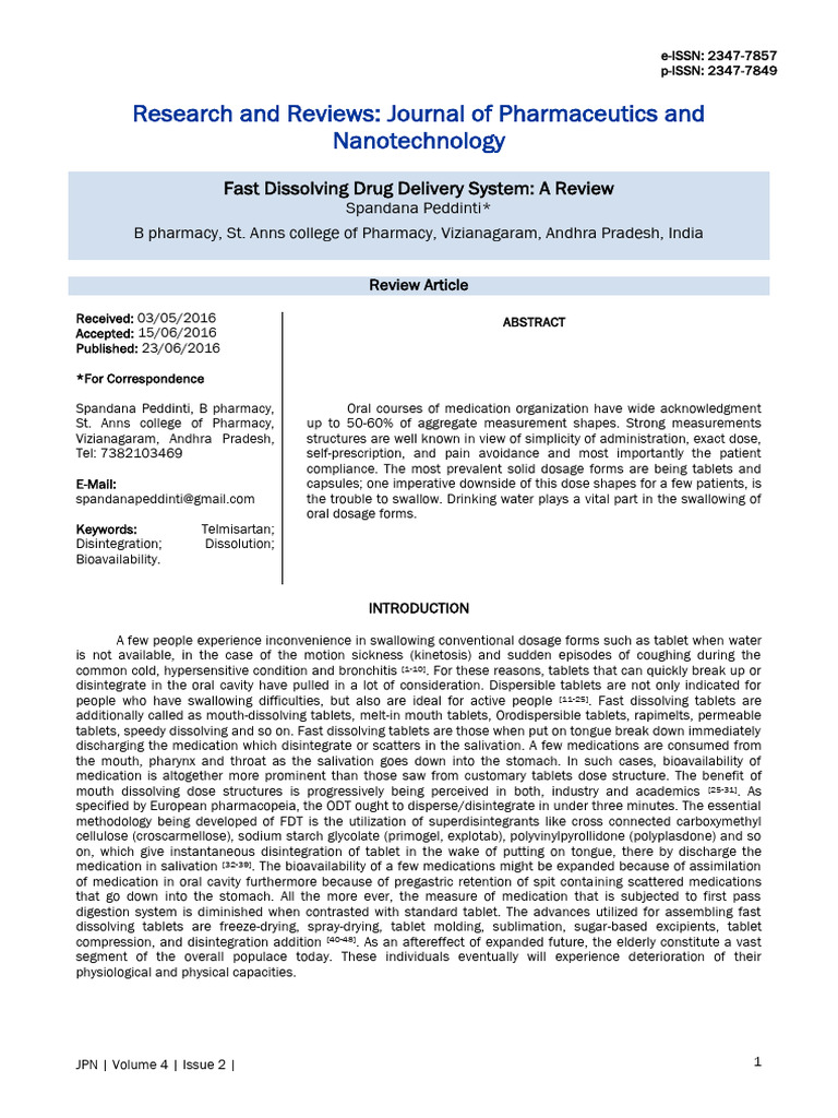 Fast Dissolving Drug Delivery System A Review | PDF