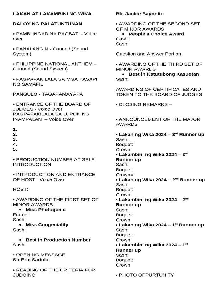 Lakan at Lakambini NG Wika Program Flow | PDF