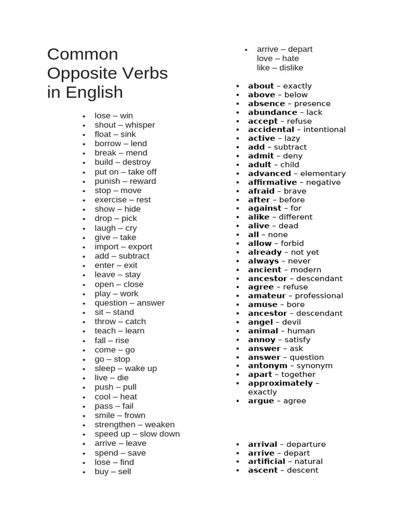 Common Opposite Verbs in English | PDF