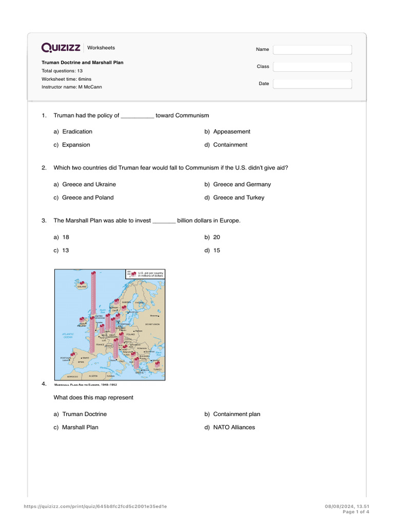Truman Doctrine & Marshall Plan Worksheet | PDF | Marshall Plan | Politics