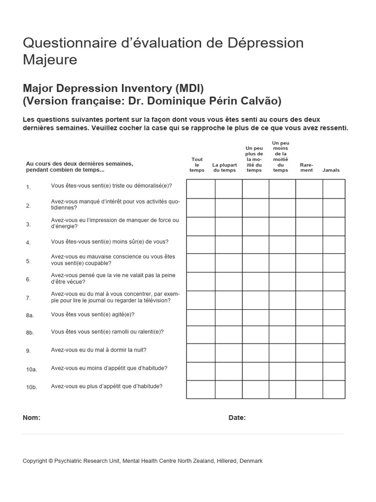 Questionnaire D'évaluation de Dépression (Major Depression Inventory) | PDF