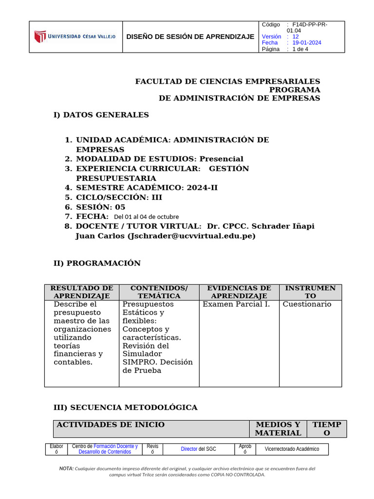 F14D-PP-PR-01.04 - Diseño - de - Sesión - de - Aprendizaje - V12 05 | PDF