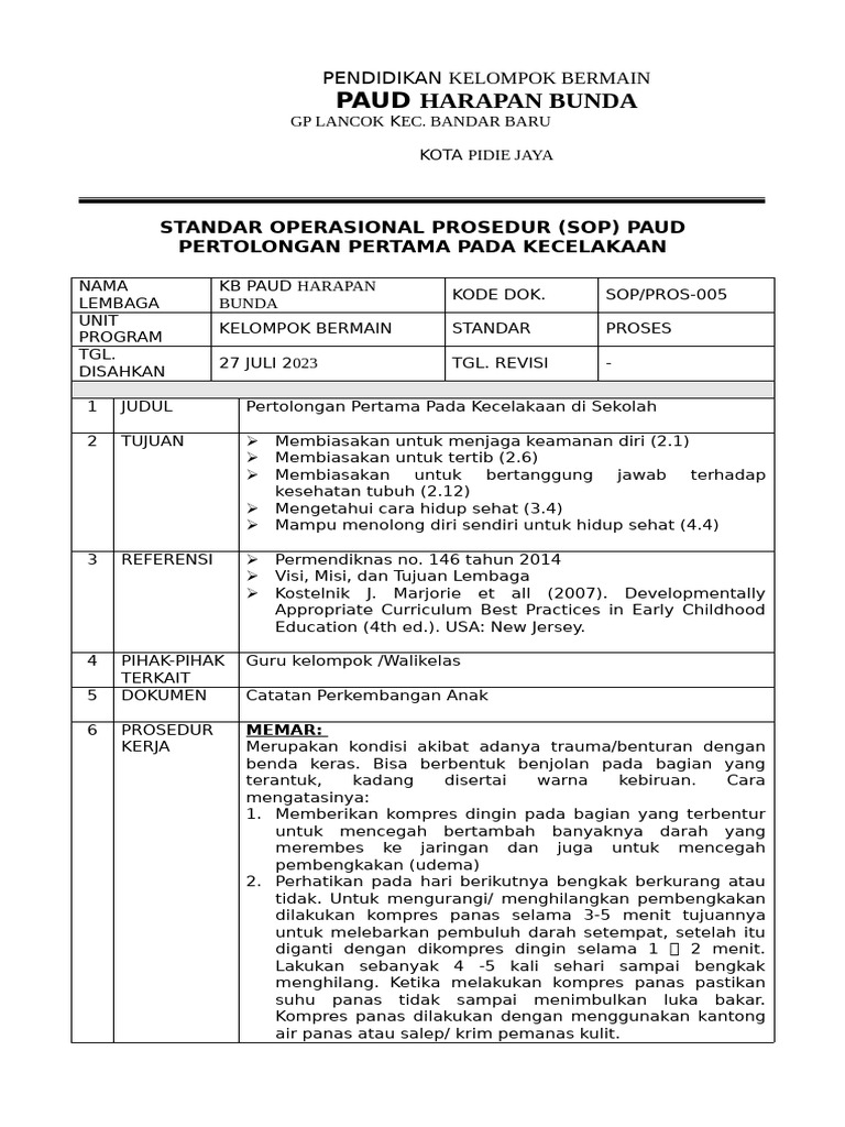 5 Sop Paud Pertolongan Pertama Pada Kecelakaan | PDF