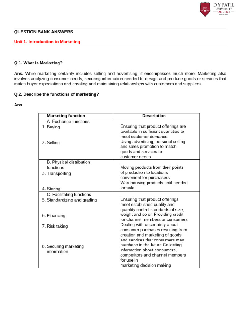 Unit 1 (QBA) Introduction To Marketing | PDF