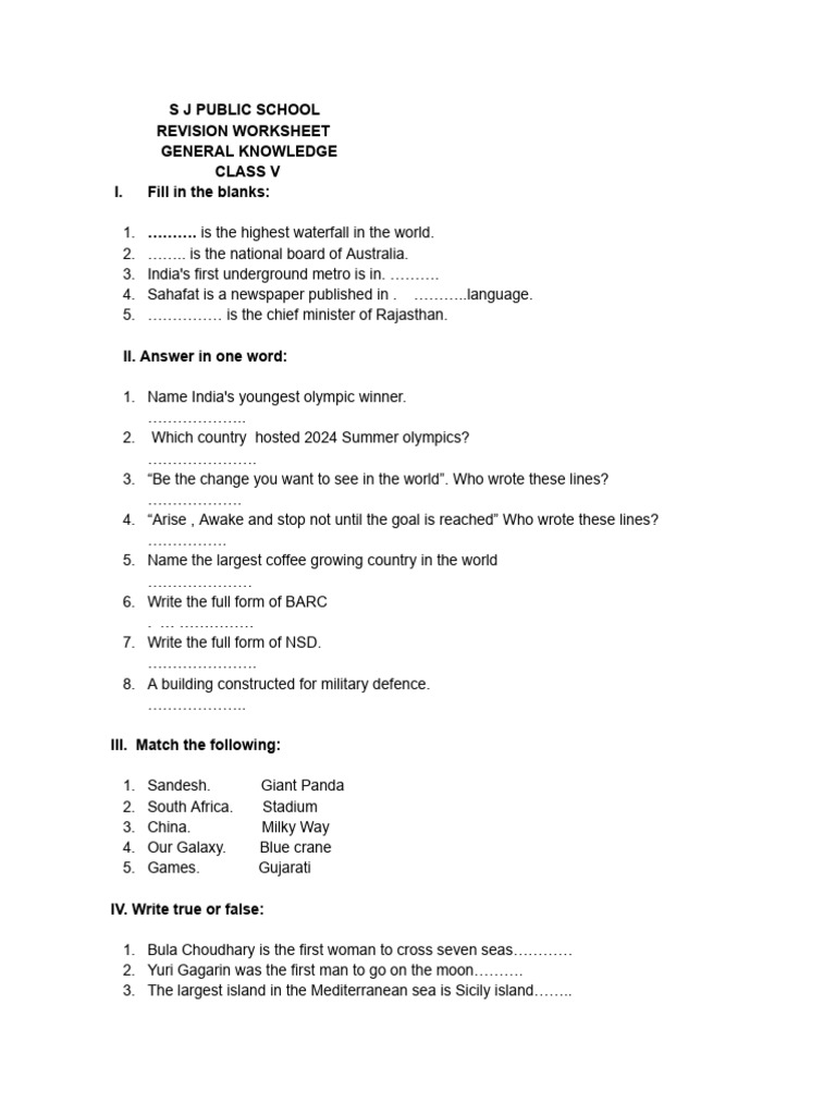 Revision Worksheet GK Class 5th | PDF
