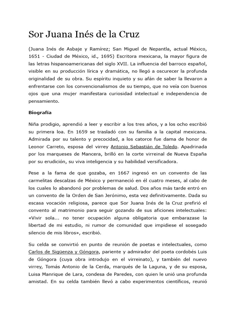 Vida y obra de Sor Juana Inés de la Cruz | PDF