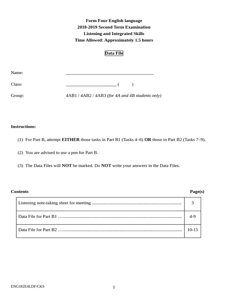 2018-19 - Form 4 - Second Term Exam - Listening - Data File | PDF