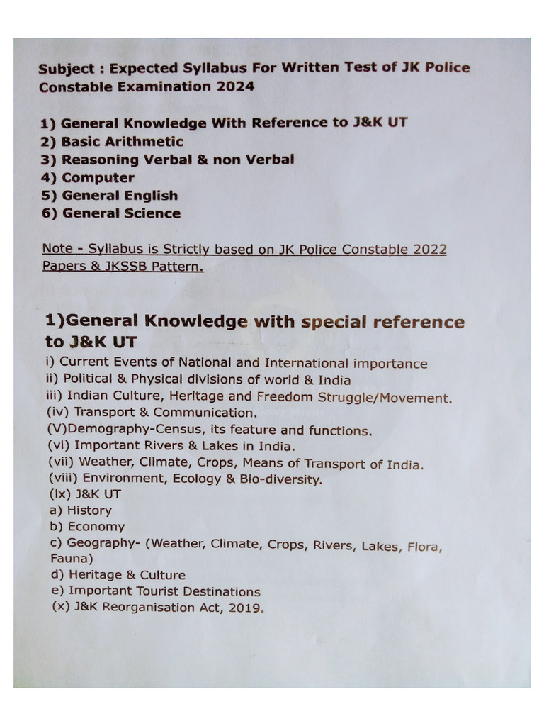JKP Constable Expected Syllabus 2024 | PDF