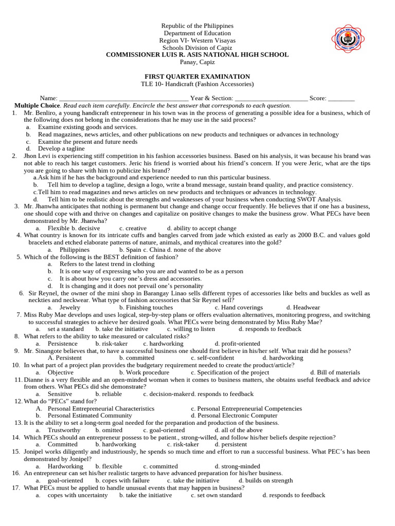 TLE 10 FASHION ACCESSORIES EXAM | PDF