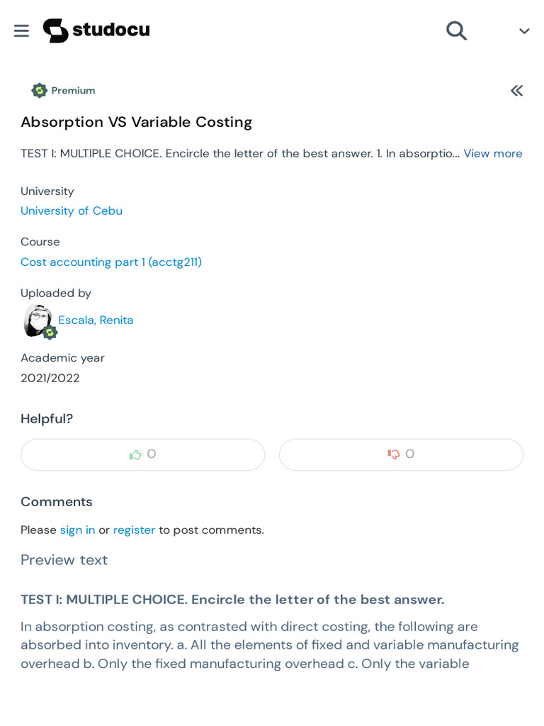 Absorption Vs Variable Costing | PDF Absorption Vs Variable Costing | PDF