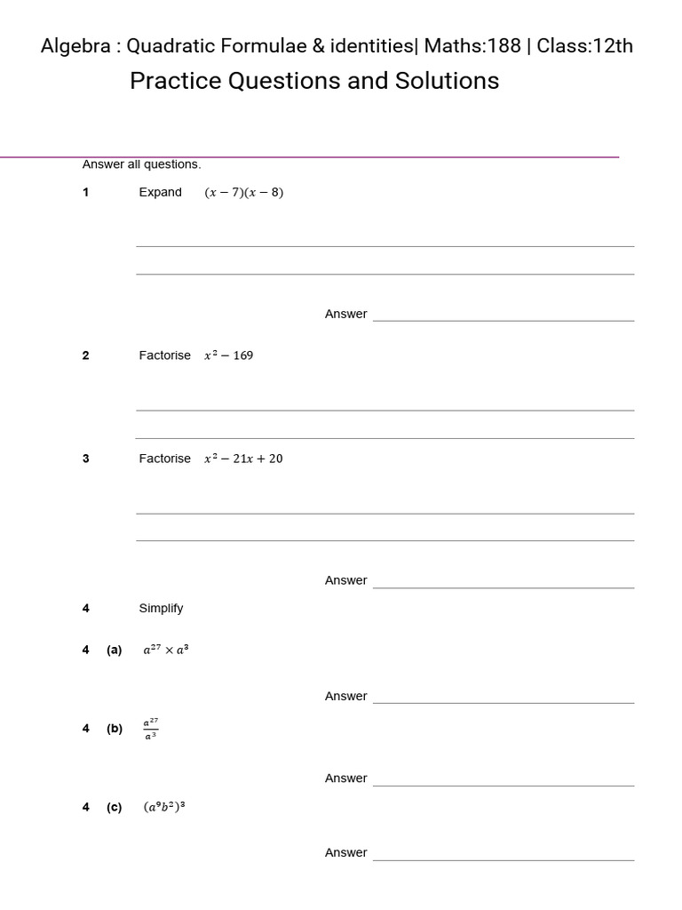 Algebra Quadratics Test Questions | PDF | Quadratic Equation ...