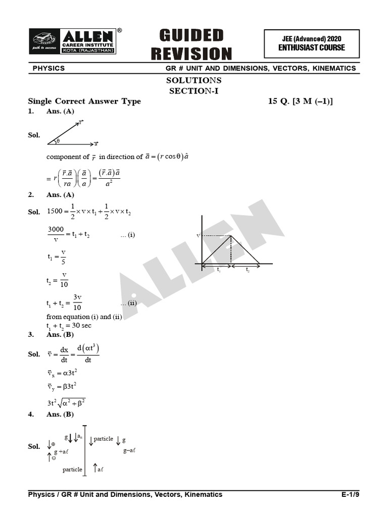 GR # 01 - Unit and Dimensions, Vectors, Kinematics (Solution) | PDF