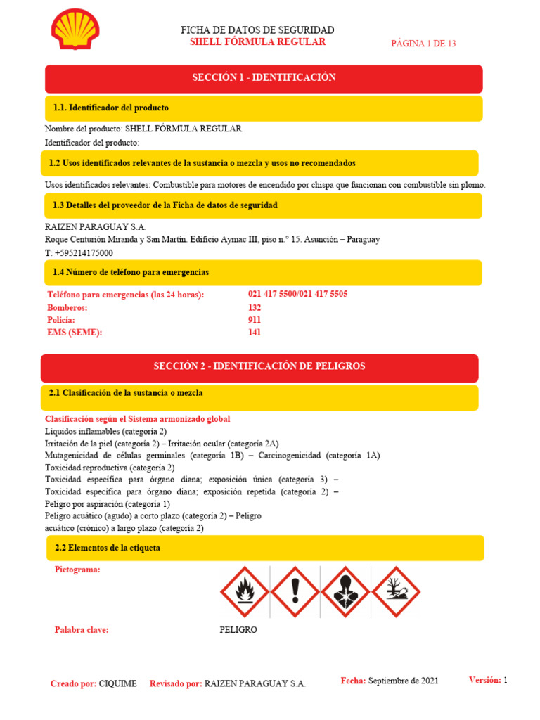 SDS - SHELL FÓRMULA REGULAR - Tarjeta Seguridad en Inglés (1) ES | PDF