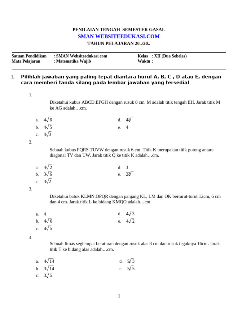 Soal PTS MTK Wajib Kelas XII | PDF