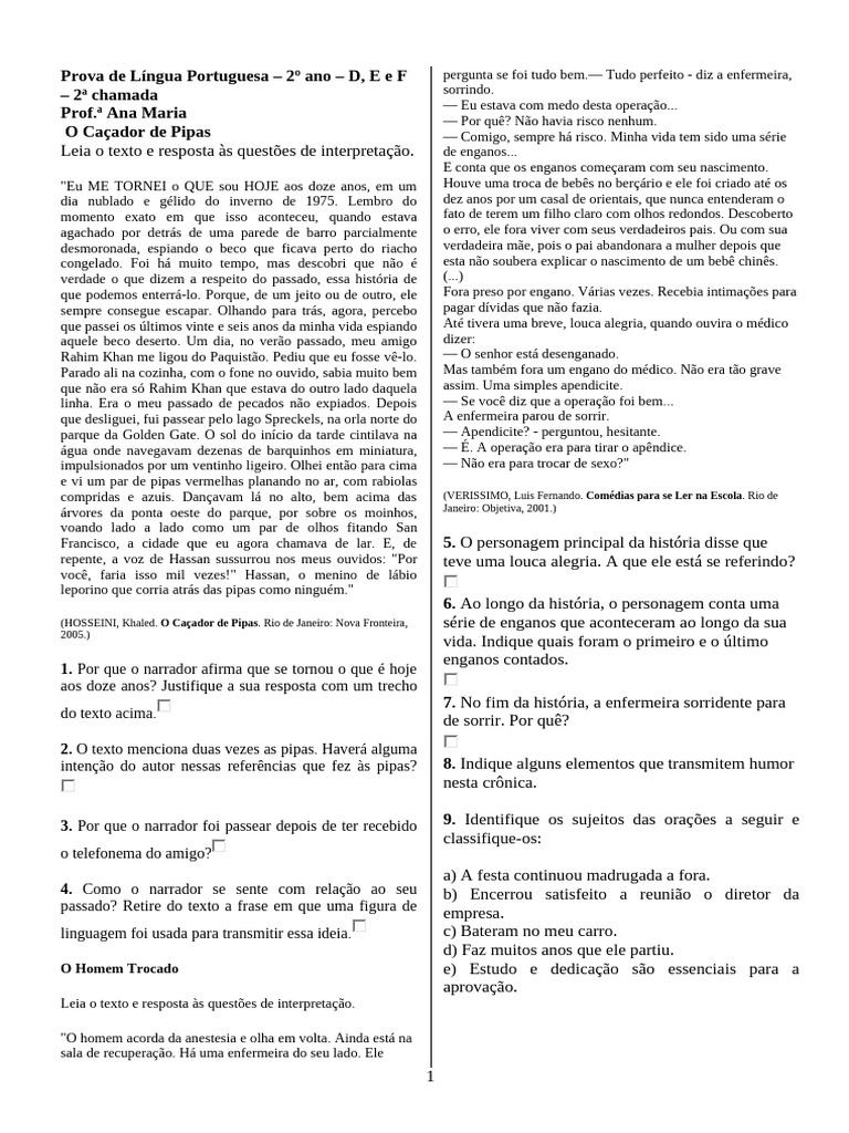 Prova de Língua Portuguesa - 2º Ano - II Bimestre - 2 Chamada - Prof. Ana Maria | PDF