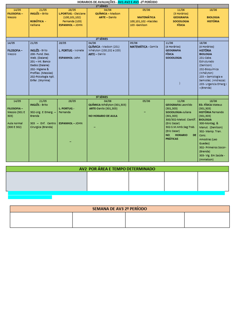 Horarios Av1 Av2 e Av3 2º Periodo 2024-1 | PDF