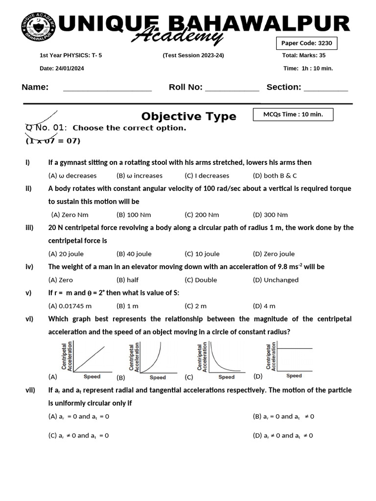 1st Year Physics T-5 2024 | PDF