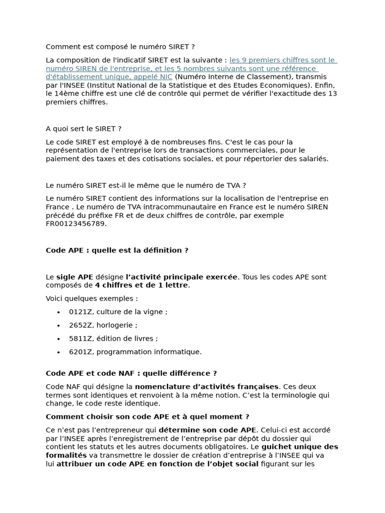 Numéro SIRET, Code APE NAF | PDF