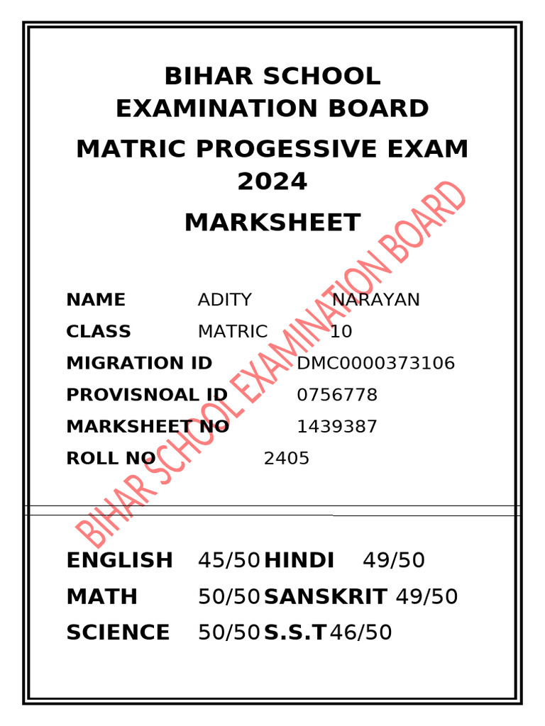 Bihar School Examination Board Marksheet | PDF