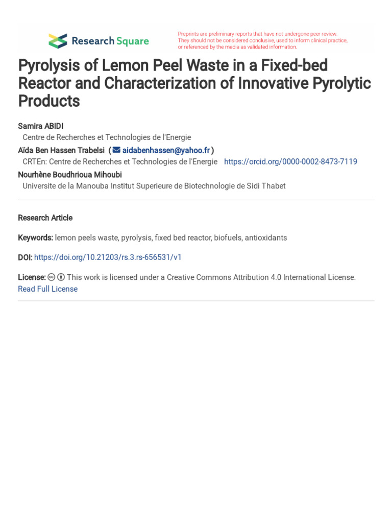 Pyrolysis of Lemon Peel Waste in A Fixed-Bed React | PDF