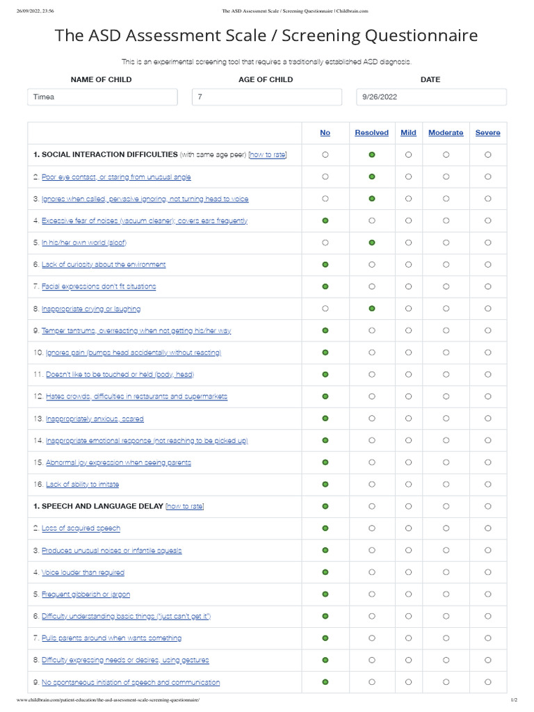The ASD Assessment Scale - Screening Questionnaire | PDF