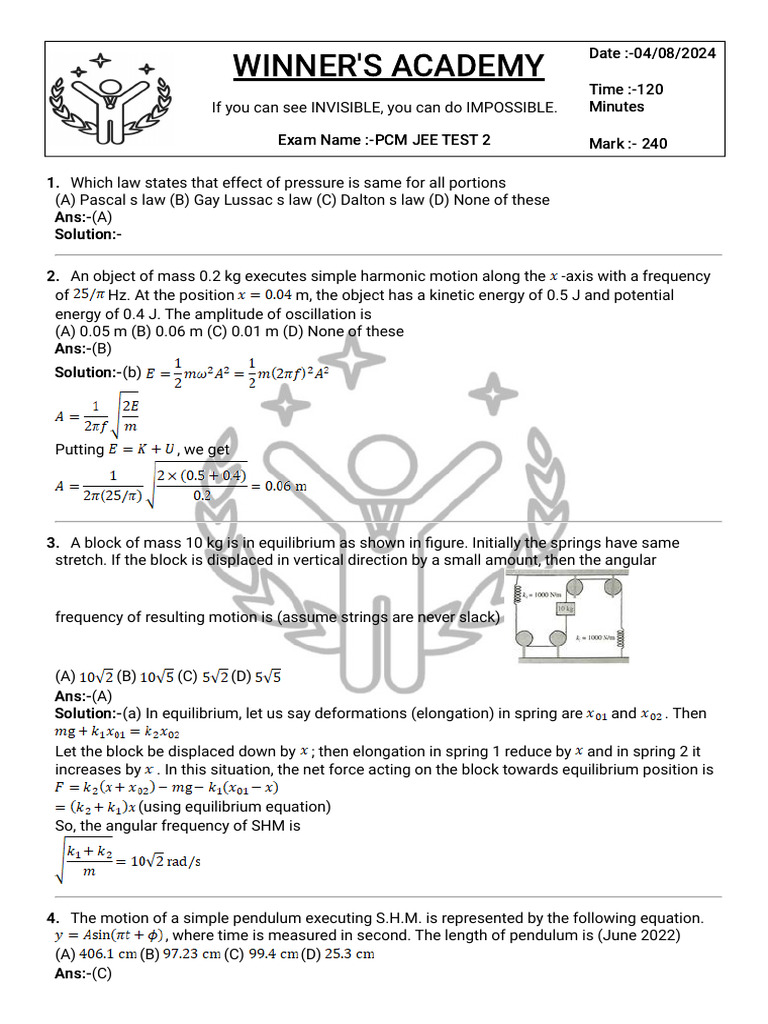 PCM JEE TEST 12 ANS KEY | PDF