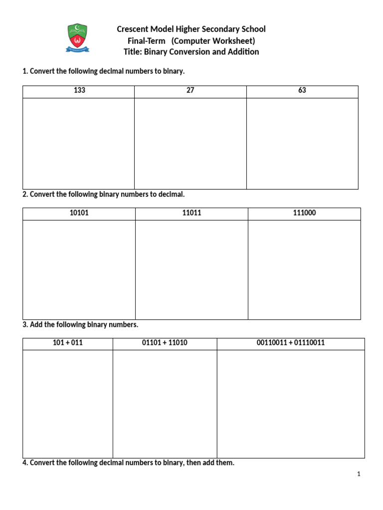 Computer Practice Worksheet-Binary Conversion | PDF