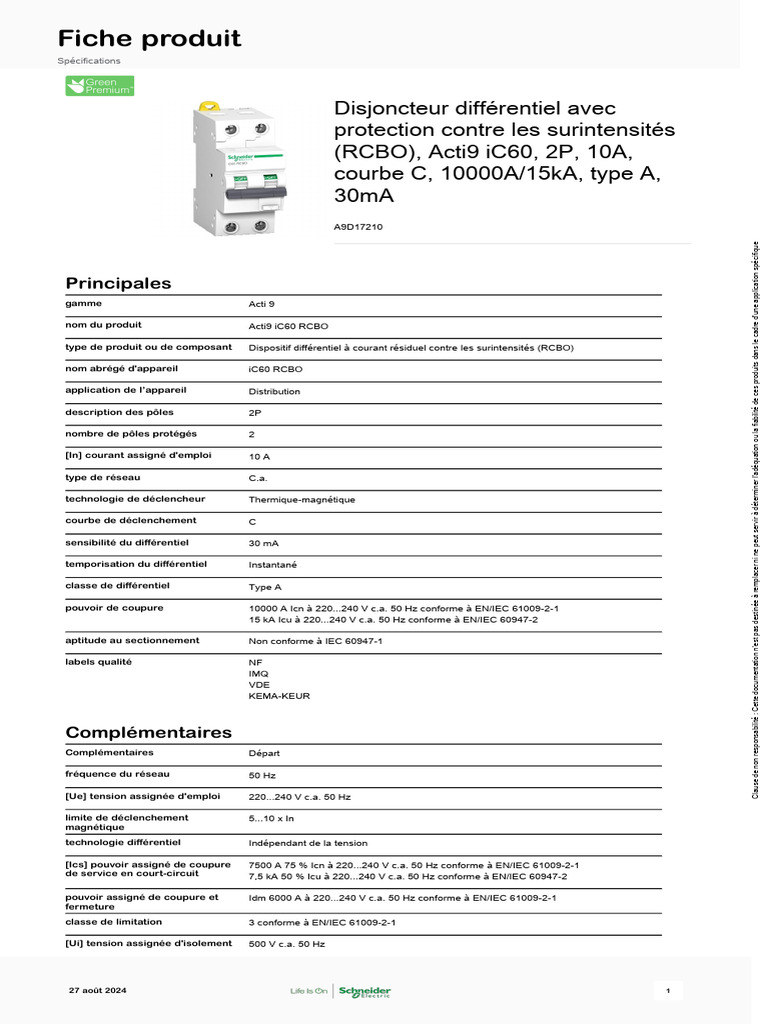 Schneider Electric Acti9 IC60 RCBO 2P 3P 4P A9D17210 | PDF