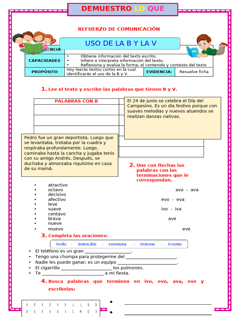 FICHA DE REFORZAMIENTO COMU USO DE LA B Y V | PDF