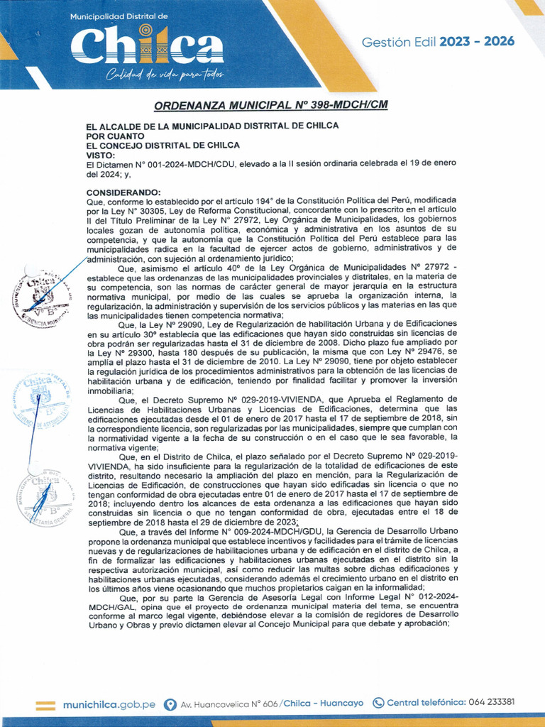 Ordenanza Municipal #398-MDCH - CM | PDF