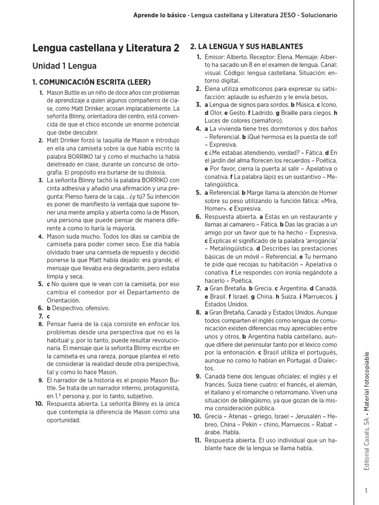 Solucionario Aprende Lo Basico Lengua Castellana y Literatura 2ESO | PDF