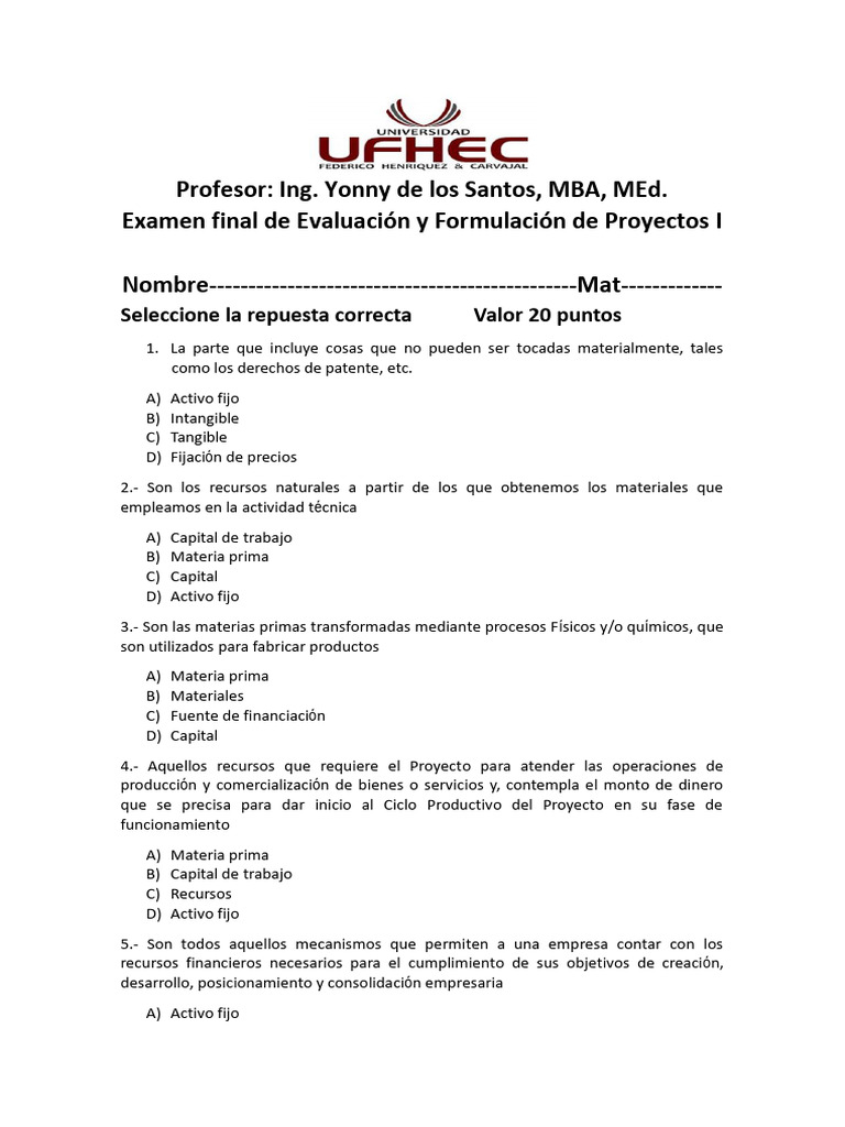Examen Final de Formulacion y Evaluacion de Proyecto I (Autoguardado) | PDF