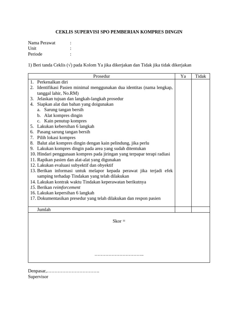 Ceklis Supervisi Spo Pemberian Kompres Dingin | PDF