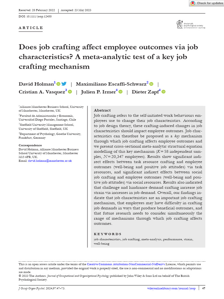 J Occupat Organ Psyc - 2023 - Holman - Does Job Crafting Affect ...
