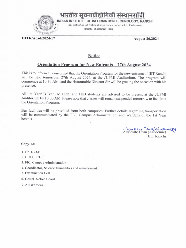 Orientation Program For New Entrants - 27th August 2024-Students | PDF