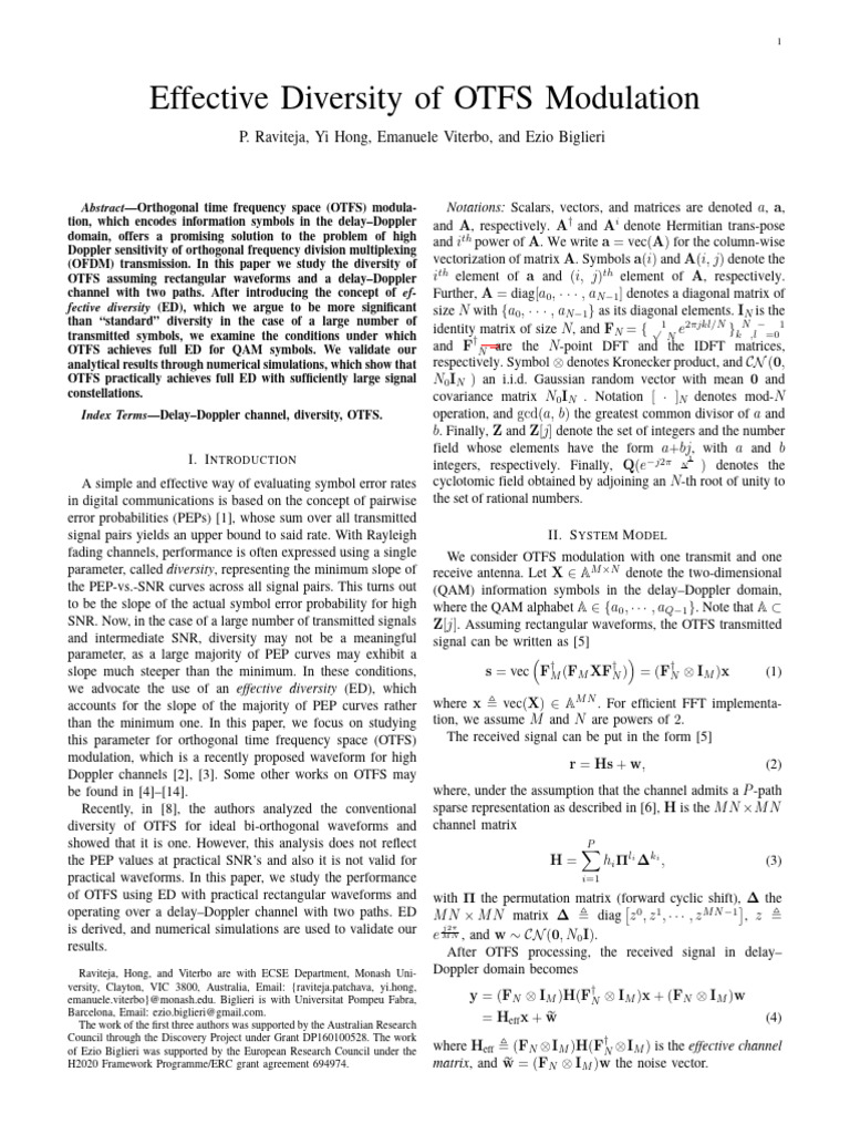 Effective Diversity of OTFS Modulation | PDF | Orthogonal Frequency Division Multiplexing ...