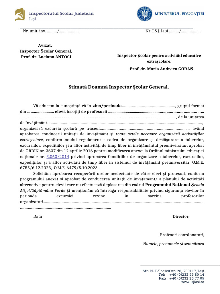 cerere tip aprobare excursie 2024-2025 | PDF