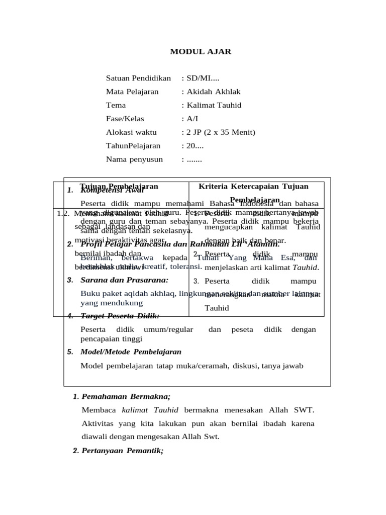 MODUL AJAR AKIDAH AKHLAK Kelas 2 | PDF MODUL AJAR AKIDAH AKHLAK Kelas 2 | PDF