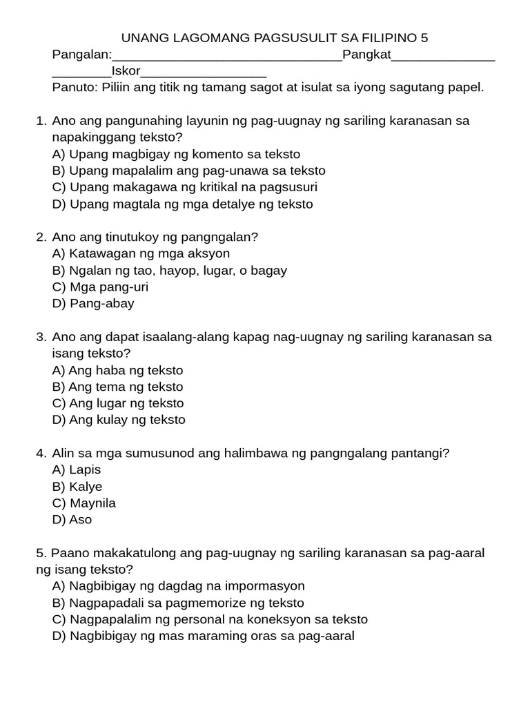 Unang Lagomang Pagsusulit Sa Filipino 5 | PDF