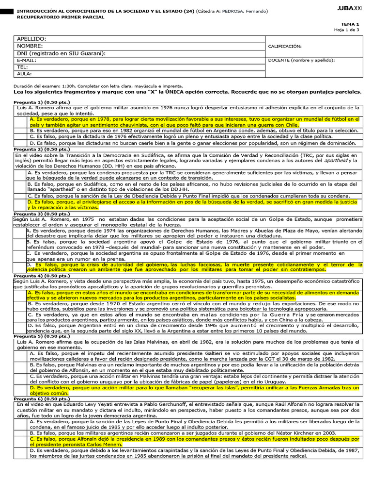 Recuperatorio de Primer Parcial C2 23 TEMA 1 - CLAVES DE CORRECCIÓN | PDF
